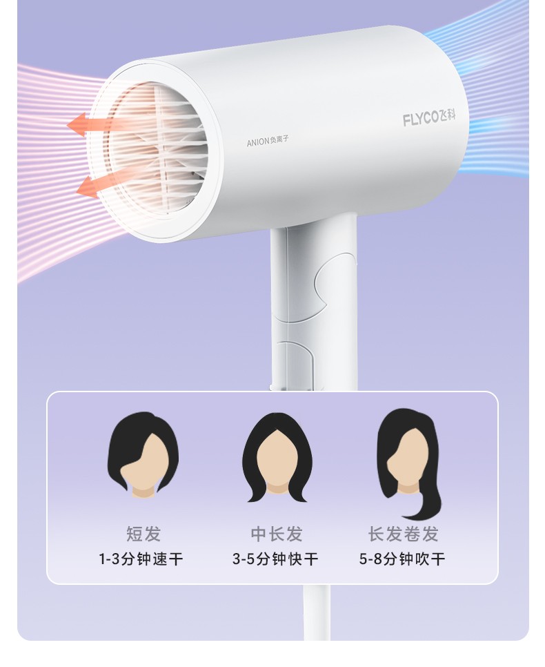 飞科（FLYCO） 便携吹风机电吹风负离子家用大功率深度养发吹风筒速干可折叠 【1800W速干】负离子FH6277-淡紫色【图片 价格 品牌 报价】-京东