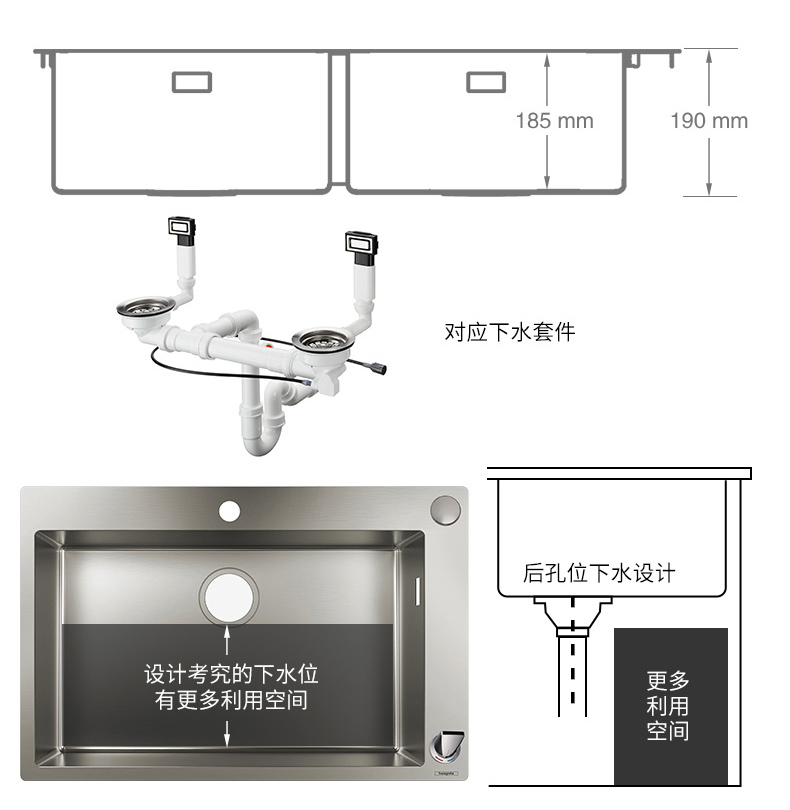 汉斯格雅（Hansgrohe） 厨房水槽家用304不锈钢洗碗槽洗菜盆手工加厚水池菜盆 双槽+select龙头套餐 43204007【图片 价格 ...