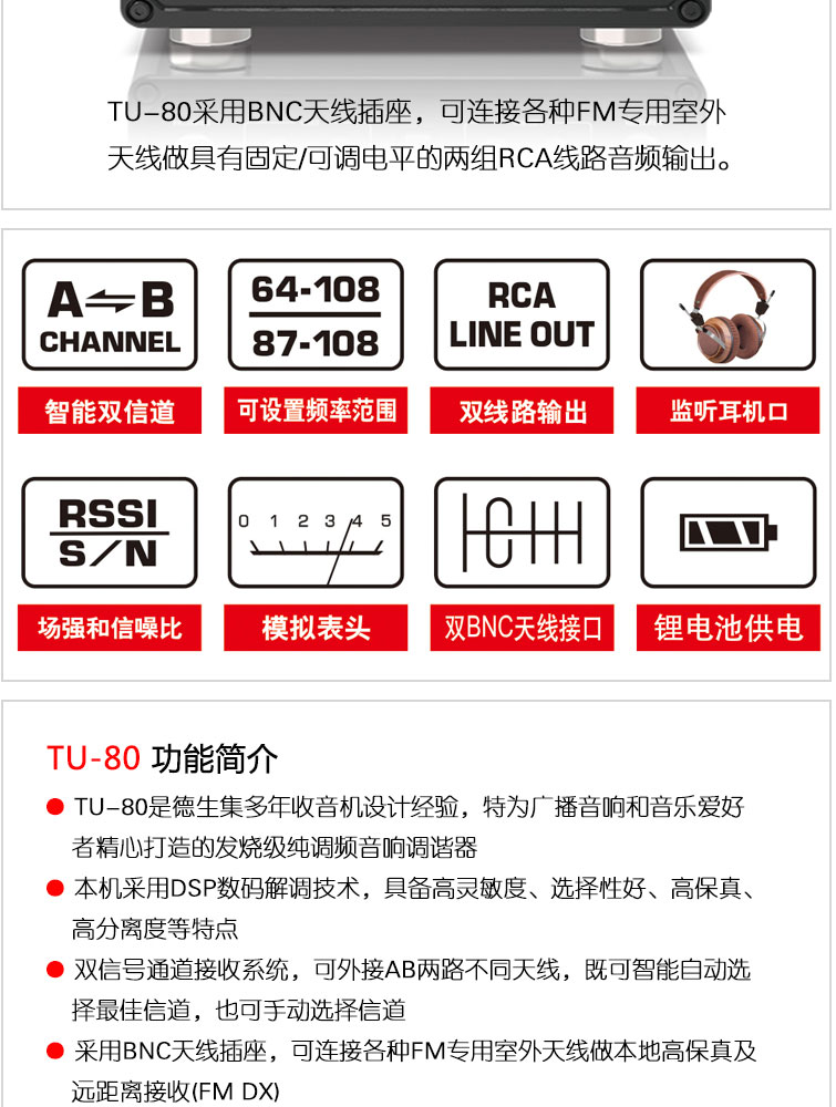 德生（Tecsun） TU-80高保真调频广播调谐器老人收音机液晶显示数字遥控调谐内置监听耳放 标配+草根耳机【图片 价格 品牌 报价】-京东