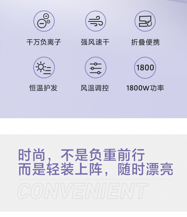 飞科（FLYCO） 便携吹风机电吹风负离子家用大功率深度养发吹风筒速干可折叠 【1800W速干】负离子FH6277-淡紫色【图片 价格 品牌 报价】-京东
