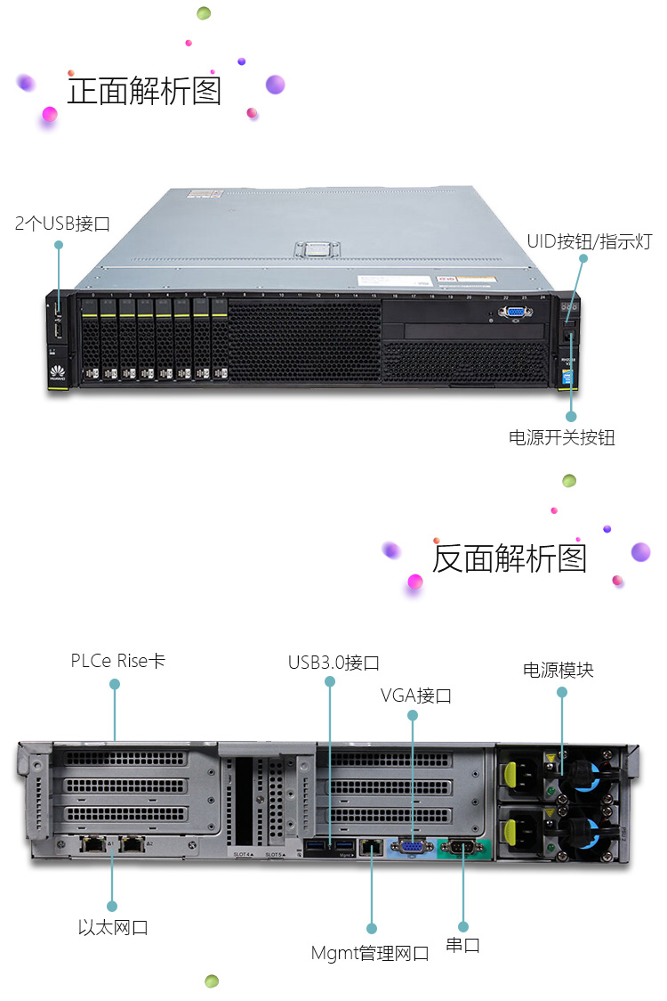 华为(HUAWEI) 服务器 RH2288 V3 两路2U机架式主机 配置： 双颗E5-2630V4 CPU 双电源 8盘位 32G内存 8块 ...