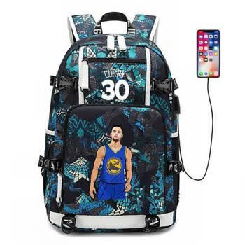 NBA勇士队库里书包篮球双肩包高中学生背包夜光汤普森格林运动 印花蓝真人库里