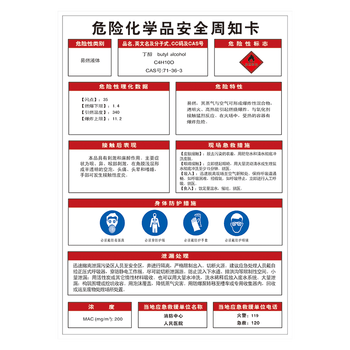 定制危险化学品宣传画安全周知卡告知卡职业病危害告知牌卡提示标示警示牌标识牌NFH NFH45 危险化学品周知卡 丁醇 60*40厘米 铝板反光膜