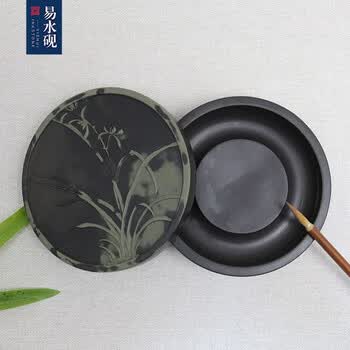 国家非遗易水砚台 两开圆 学生砚 天然老坑玉黛石带盖砚台 实用收藏砚台 文房四宝 厂家直销 幽兰