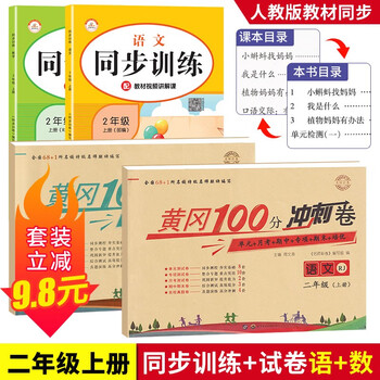 二年级上册人教版黄冈100分冲刺卷 语文数学教材同步黄冈小状元试卷同步练习册名师彩卷 二年级上册试卷 同步训练+试卷【开学四本套装