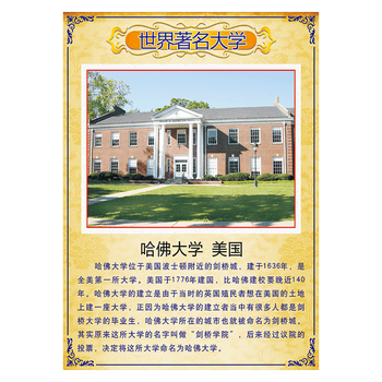 世界著名大学简介宣传画海报挂图展板招贴画名校风采宣传栏墙贴画覆膜防水贴纸OA53 OA53-02 哈佛大学简介 80*60厘米 覆膜防水PP贴纸