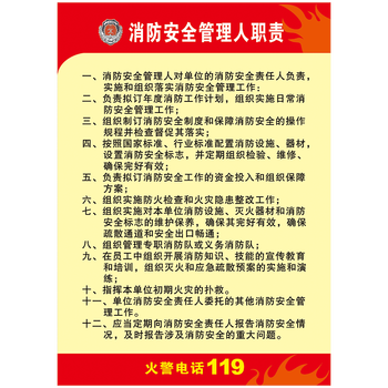 消防安全规章制度牌宣传画挂图消防安全管理人职责贴画覆膜防水贴纸VHT07 VHT07-03 消防安全管理人职责 60*40厘米 覆膜防水PP贴纸