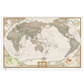 世界地图墙贴 仿古复古美国国家地理版 幅面1.17米x0.78米 美国政区地形 中外对照 书房办公室咖啡厅装饰用图