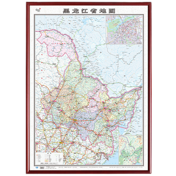 【定制边框】黑龙江地图 木框装裱 1.1米*0.8米 红棕色边框