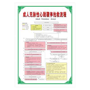 医院制度牌宣传画急救程序挂图过敏性休克抢救流程图示意图墙贴画覆膜防水贴纸WSB169 WSB169-29 成人无脉性心跳骤停抢救流程 60*40厘米 覆膜防水PP贴纸