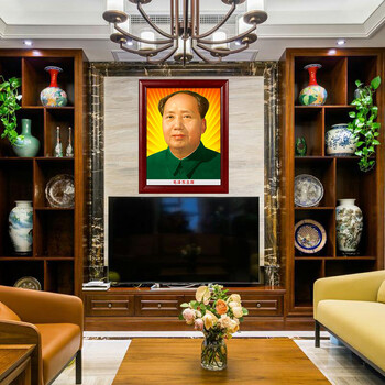 毛主像挂像墙画主席客厅中堂挂画壁画斯大林孙中山马克思伟人画像 原木酒红框10号 宽度80*100高度 有框 有机透明板