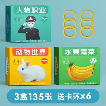动物卡片早教认知儿童识字看图识物启蒙书幼儿宝宝认字益智玩具闪 动物世界+水果蔬菜+人物【加厚大卡135张】