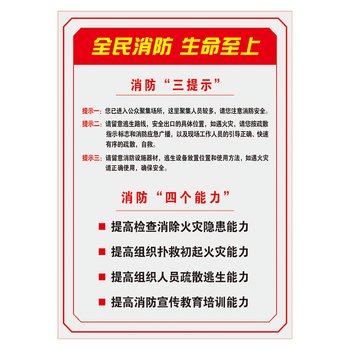 企业消防十条知识宣传画挂图单位消防安全常识宣传栏展板墙贴画防水贴纸VCH VCH30 消防三提示四个能力 100*70厘米 覆膜防水PP贴纸