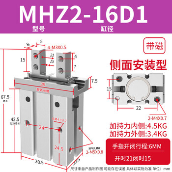 手指气缸MHZ2-16/20/25/32/32/40D机械手小型夹爪夹具MHZL2气动HFZ10 MHZ2-16D1侧面螺纹安装【图片 价格 ...