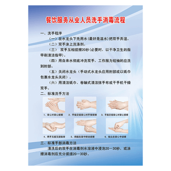 餐饮服务从业人员医院洗手消毒流程图步骤图程序方法墙贴画挂图覆膜防水贴纸TXH TXH11 餐饮服务从业人员洗手消毒流程 80*60厘米 覆膜防水PP贴纸