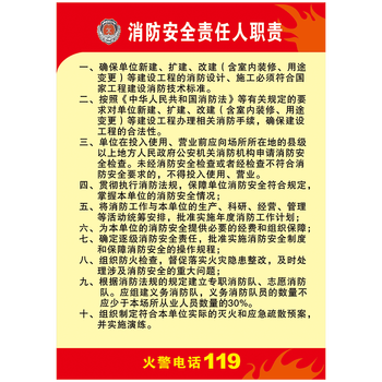 消防安全规章制度牌宣传画挂图消防安全管理人职责贴画覆膜防水贴纸VHT07 VHT07-04 消防安全责任人职责 40*30厘米 覆膜防水PP贴纸