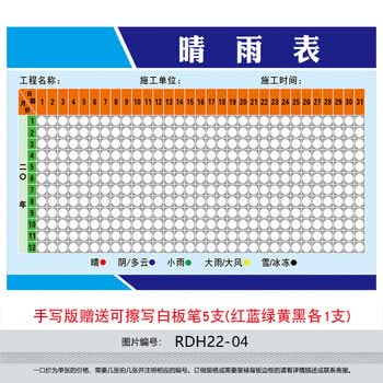 新款施工晴雨表建筑工地通用天气情况记录表公示栏墙贴画覆膜自粘贴纸RDH22-04 覆膜防水PP贴纸(手写版送笔) 100*70厘米