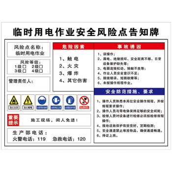 安全风险点告知牌 岗位风险点告知卡配电房配电室工厂车间仓库标志标示提示标识警示牌贴定制NIH41 NIH41-22 临时用电作业安全风险点告知牌 60*40厘米  PVC塑料板