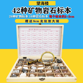 赠送放大镜 精装木盒装 42种 矿物岩石标本 科学地理配套石头矿石 科普展示教学仪器 科普教具