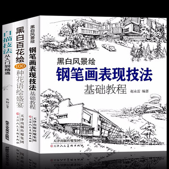 全三册 黑白风景绘+黑白百花绘+白描技法铅笔画 钢笔画表现技法基础教程从入门到精通零基础学绘画速写线