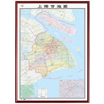 【定制边框】2022年 上海市地图 木框装裱 约1.1米*0.8米 红棕色边框
