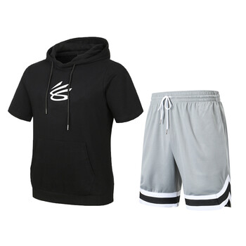 斯蒂芬·库里新logo运动套装男Curry训练服篮球衣跑步健身速干紧身衣运动打底衫篮球服 连帽短袖+灰色裤 两件套 2XL