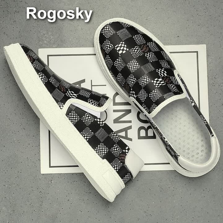 Rogosky 香港潮牌2021四季休闲帆布板鞋男式软底格纹休闲男鞋新款韩版青年一脚蹬懒人乐福单鞋 黑色 41（皮鞋码）【图片 价格 品牌 ...