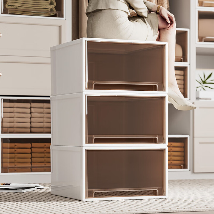 互动空间（HDKJ）抽屉式收纳箱家用衣服放衣柜收纳盒整理盒衣物储物加厚透明塑料柜 茶透色（三个装） 【深31*宽25*高13.5】【图片 价格 ...