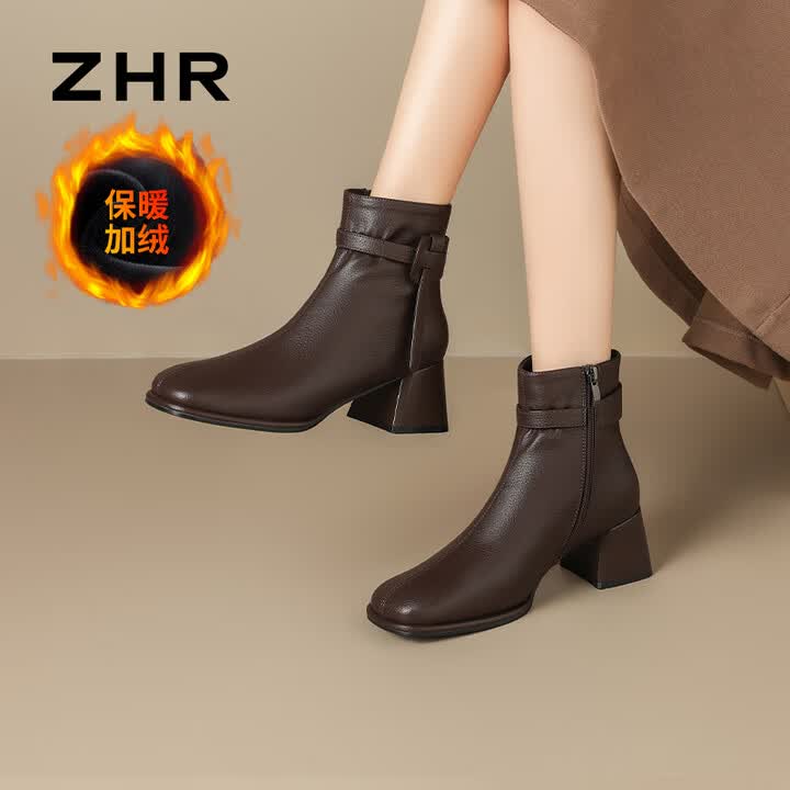 【ZHR女靴】ZHR粗跟短靴女冬法式方头拉链女靴保暖加绒时装靴子 Y1017A 棕色 39 【行情 报价 价格 评测】-京东