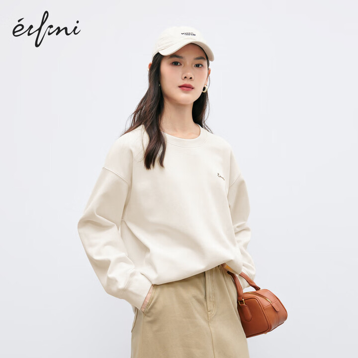 伊芙丽（eifini）肌理感简约刺绣套头卫衣女2024秋装新款百搭时尚长袖上衣女 米色 165/88A/L 121-130斤【图片 价格 品牌 ...