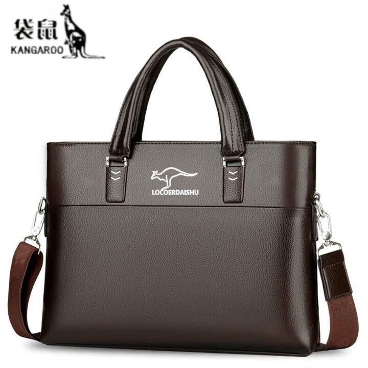 袋鼠（KANGAROO）真皮质感男公文包横款手提包男士挎包商务包电脑包男斜挎包包 棕色升级加厚面料 1英寸【图片 价格 品牌 报价】-京东