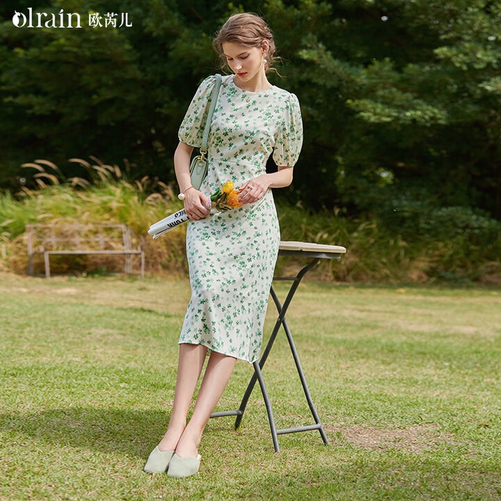 【OlrainO21XL52122】Olrain欧芮儿碎花缎面连衣裙女装夏季小清新裙子 绿色（第二批） XL【行情 报价 价格 评测】-京东