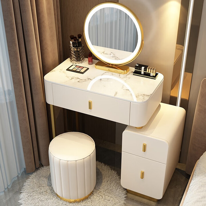 OIUYT小户型全实木岩板网红梳妆台卧室现代简约轻奢化妆台收纳一体柜 白金70CM桌+柜+镜+白金圆凳【图片 价格 品牌 报价】-京东