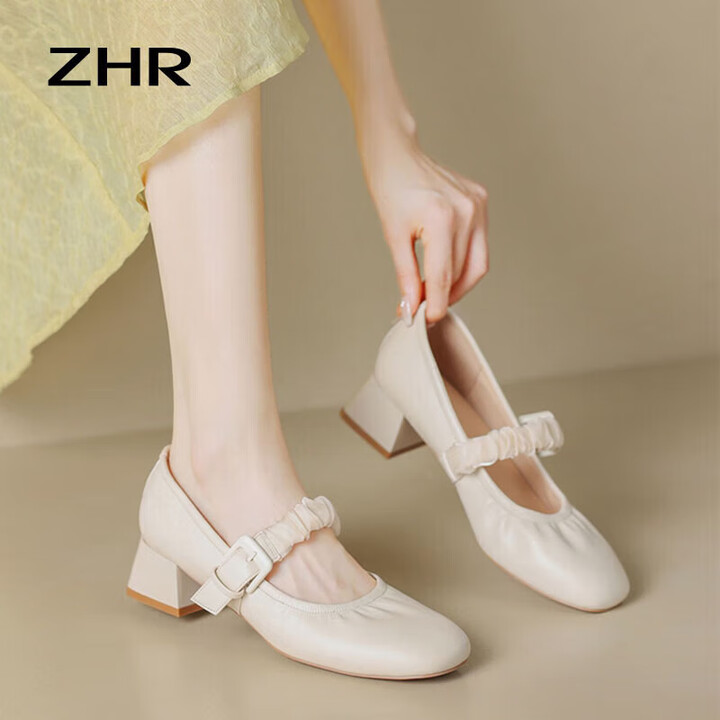 【ZHR单鞋】ZHR则则玛丽珍鞋子女浅口方头单鞋法式粗跟鞋子女 BL167 米色 37 【行情 报价 价格 评测】-京东