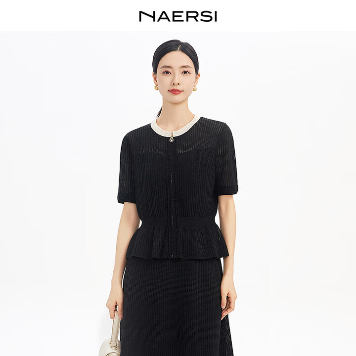 娜尔思（NAERSI）【商场同款】时尚气质圆领针织衫25年夏季新款上衣 黑色 L【图片 价格 品牌 报价】-京东