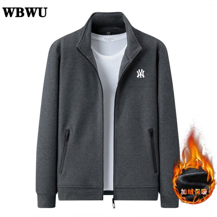 WBWU轻奢品牌外套夹克男士春秋冬季新款加绒运动休闲开衫联名上衣服 灰色夹克-加绒加厚 215 XL（建议120-140斤）【图片 价格 品牌 ...