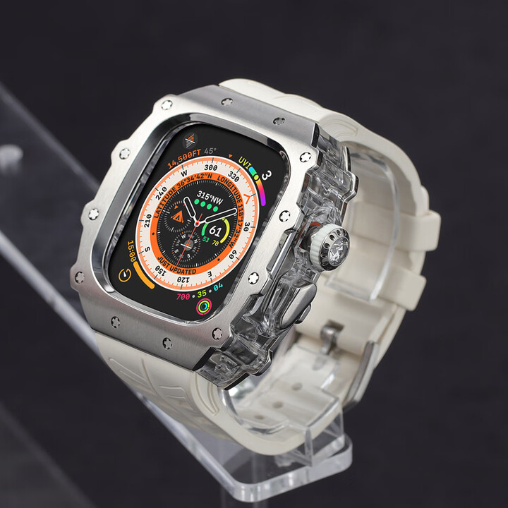 MR.MULL星图utra49mm苹果蝴蝶扣手表带钛合金改装金属壳冰川透明中框s10iwatch12459防摔运动个性新款套46 不锈钢银透明 ...