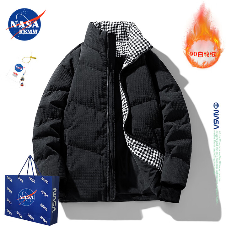 NASA REMM美式潮牌简约羽绒服男冬季假两件上衣青少年学生短款宽松保暖外套 2312-黑色 L-建议170-175cm/120-140斤 ...