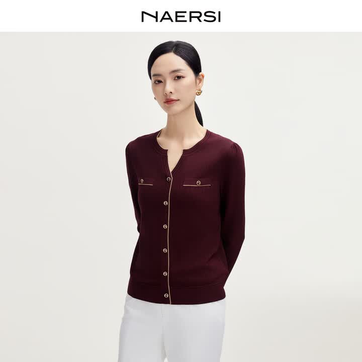 娜尔思（NAERSI）商场同款时尚气质修身透气长袖V领套头针织衫女新款 深红色 L【图片 价格 品牌 报价】-京东