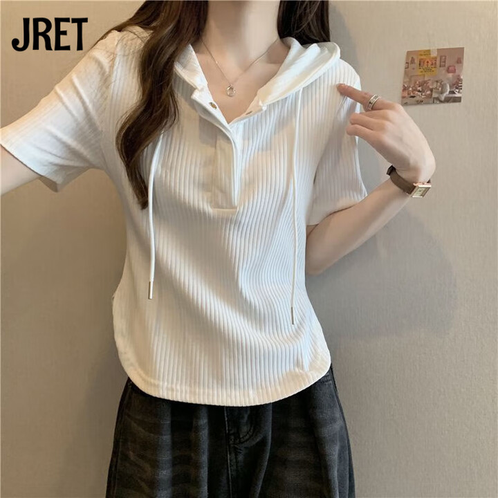 Jret连帽正肩短袖t恤女2025夏季显瘦遮肚打底衫百搭休闲上衣 白色 M 建议（80-100斤）【图片 价格 品牌 报价】-京东