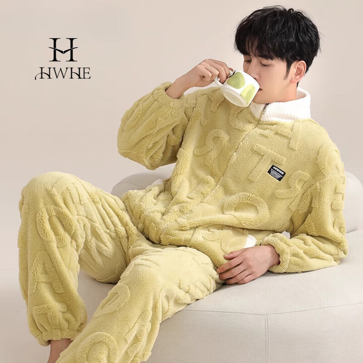 HWHE轻奢品牌法兰绒睡衣男冬季珊瑚绒加厚加绒秋冬保暖家居服套装 M7913男士【姜黄色】 L 170码 体重120-140斤【图片 价格 ...