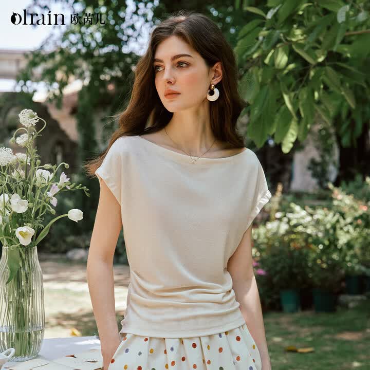 【OlrainO57XT99535】Olrain欧芮儿法式优雅一字领显瘦T恤女装夏季修身减龄上衣 杏色 S【行情 报价 价格 评测】-京东