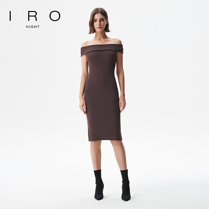 IRO NIGHT 一字领翻领修身包臀针织连衣裙法式气质职场24春季新款 棕色 S【图片 价格 品牌 报价】-京东
