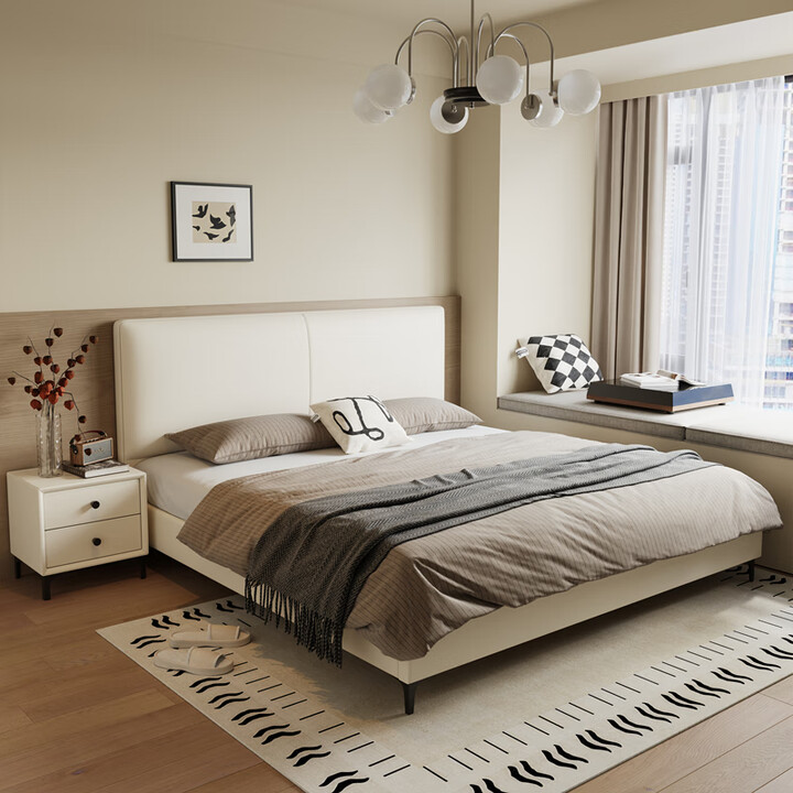 慕思（de RUCCI）薄床头省空间卧室1米5m实木软包皮床极简齐边现代简约双人床储物 床+20公分天鹅绒乳胶床垫+2柜 1500mm ...