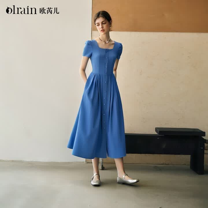 Olrain【5折】夏季新款蓝色度假风连衣裙方领设计收腰显瘦长裙 克莱因蓝 XL【图片 价格 品牌 报价】-京东
