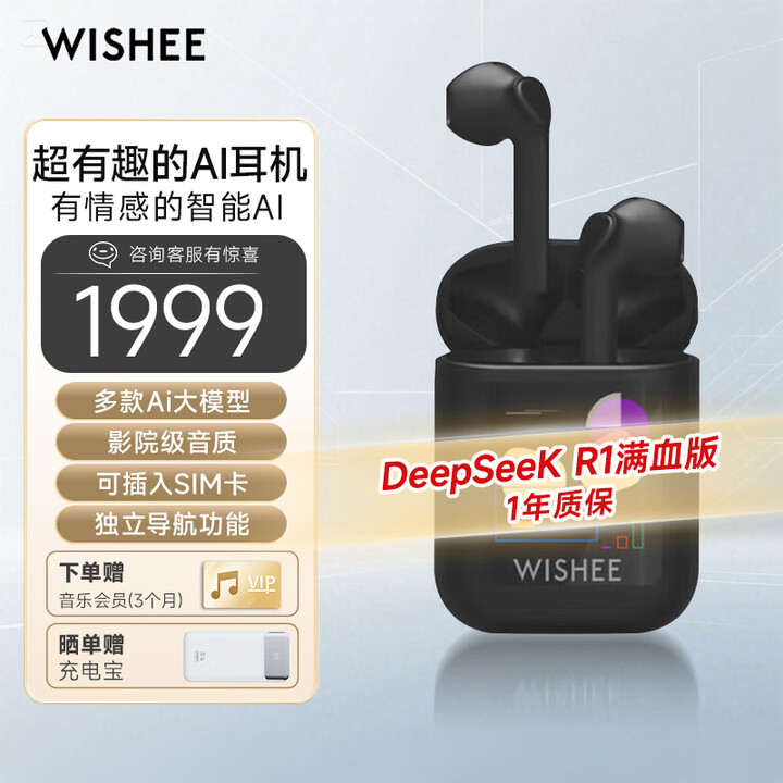 WISHEE无线AI耳机 DeepSeek SIM卡可插卡屏幕显示音乐运动电影真无线耳机新款无线蓝牙 哑光黑【图片 价格 品牌 报价】-京东