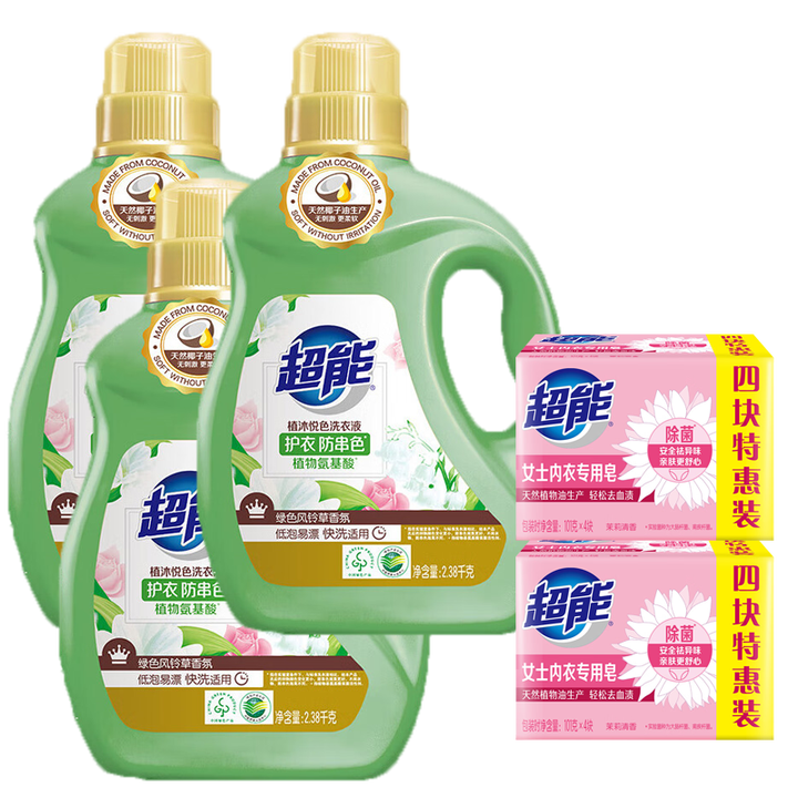【超能植沐悦色洗衣液2.38kg*3瓶+女士内衣皂茉莉清香101g*4块*2组】超能植沐悦色洗衣液2.38kg*3瓶+女士内衣皂茉莉清香101g*4块*2组【行情 报价 价格 评测】-京东