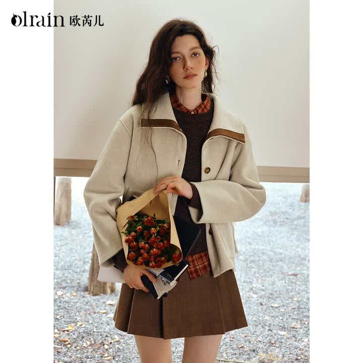 Olrain欧芮儿新款女装冬季奢暖撞色翻领设计感双面呢外套上衣 卡其色 M【图片 价格 品牌 报价】-京东