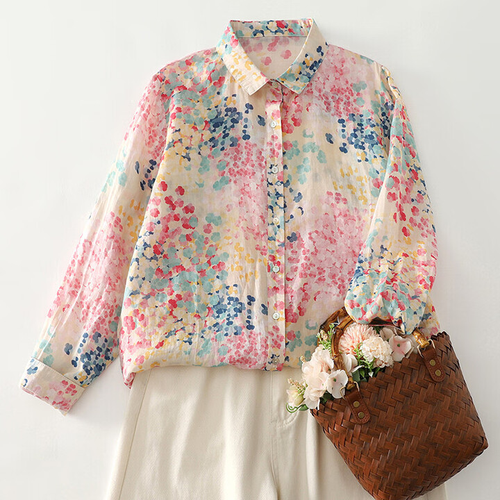 茵曼复古怀旧港风印花棉麻长袖衬衫女春薄款大码宽松苎麻洋气百搭上衣 粉色 L 建议115-130斤【图片 价格 品牌 报价】-京东