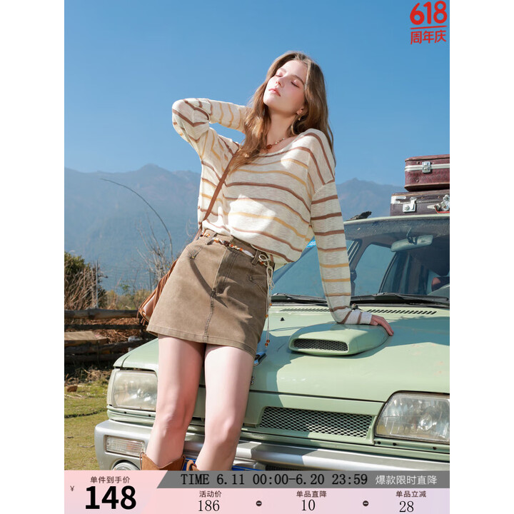 三彩2025春季新款慵懒针织衫宽松长袖圆领渐变条纹套头衫上衣M 卡其色 S 155/80A【图片 价格 品牌 报价】-京东